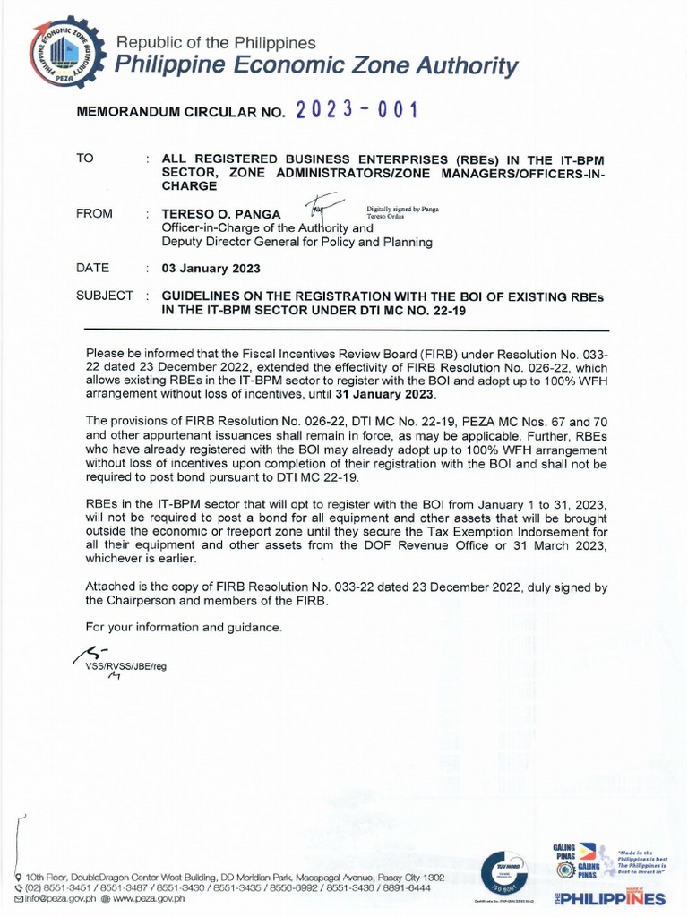 M.C. No. 2023-001 Guidelines On The Registration With The Boi of ...