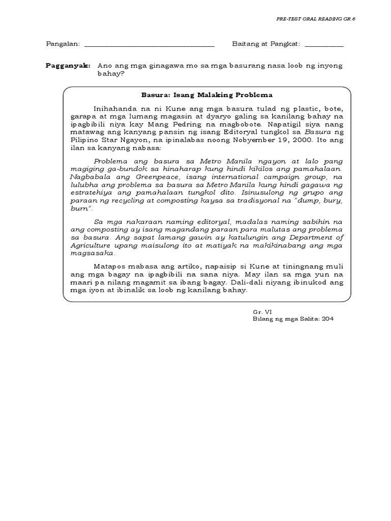 Pre Test Oral Reading Gr6 | PDF