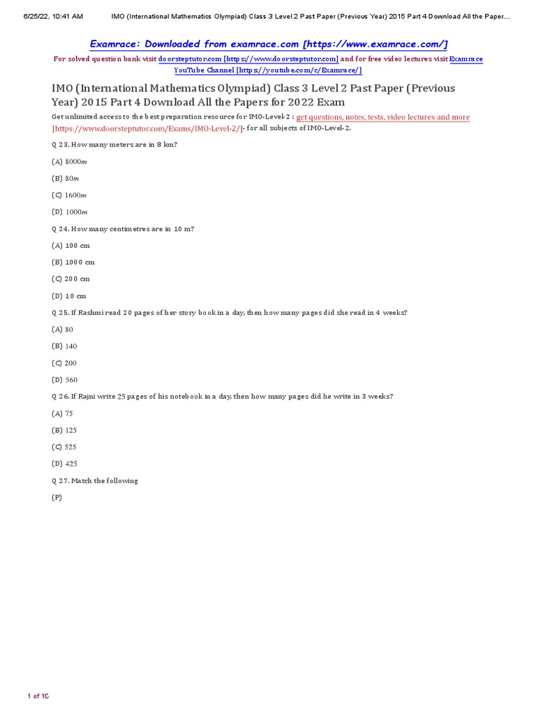 IMO Class 3 Level 2 Sample Paper | PDF | Mathematics | Competition
