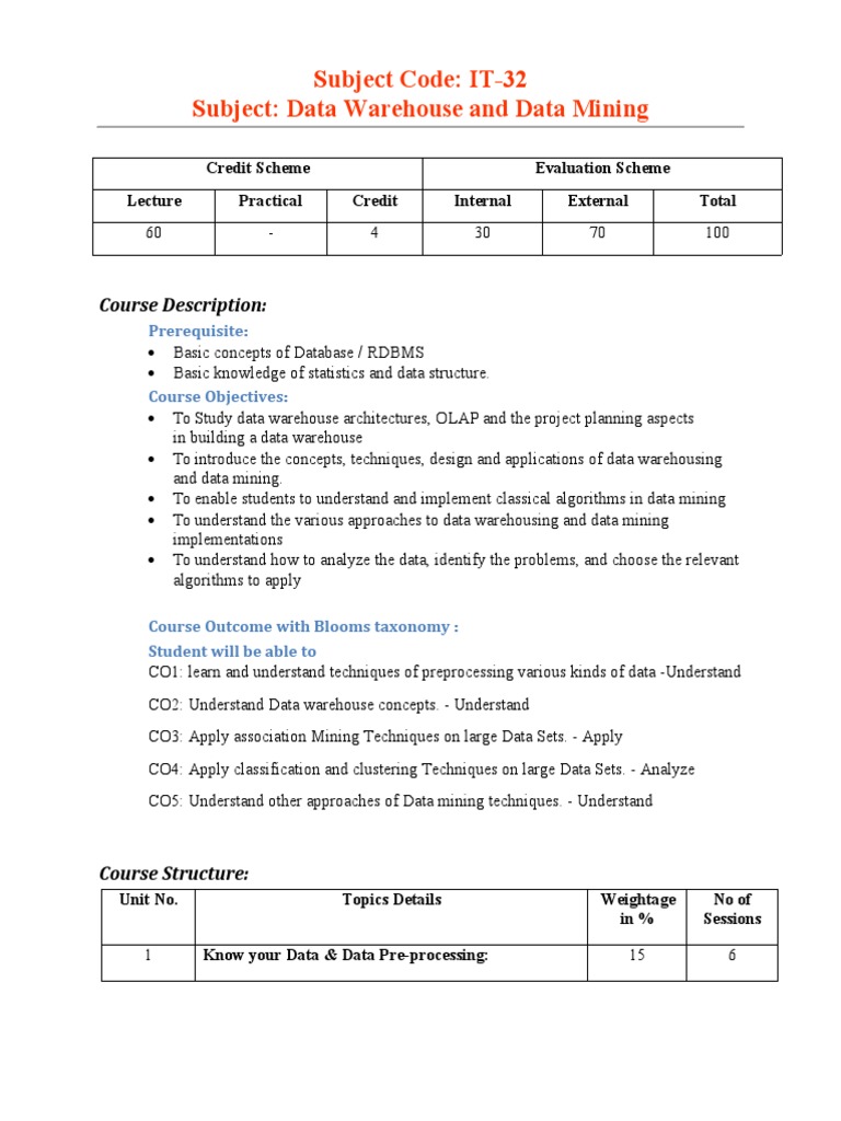Data Warehouse and Data Mining Syllabus | Download Free PDF | Data Warehouse | Cluster Analysis