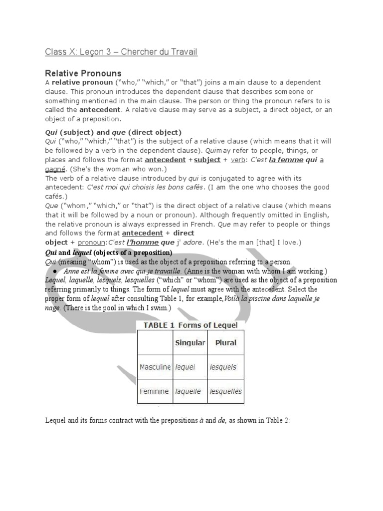 Lesson 3 - Chercher Du Travail, Pron Relatifs - Notes & Worksheet | PDF ...