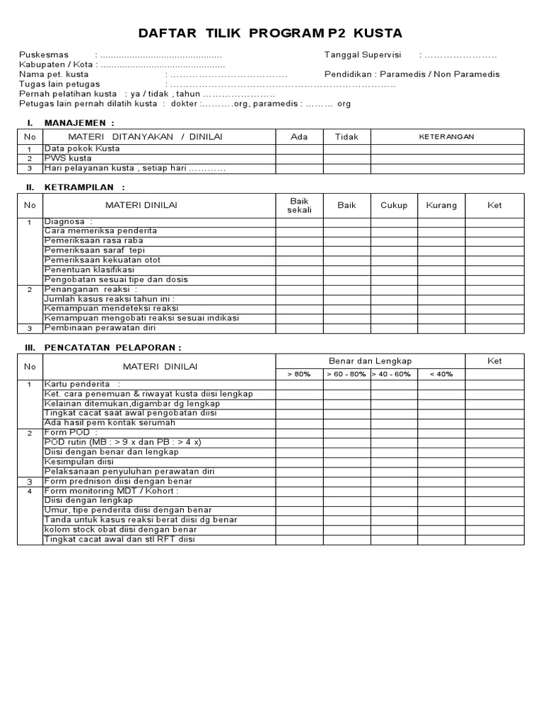 Ceklist Wasor Kusta Untuk Puskesmas | PDF | Kesehatan Holistik | Sains ...