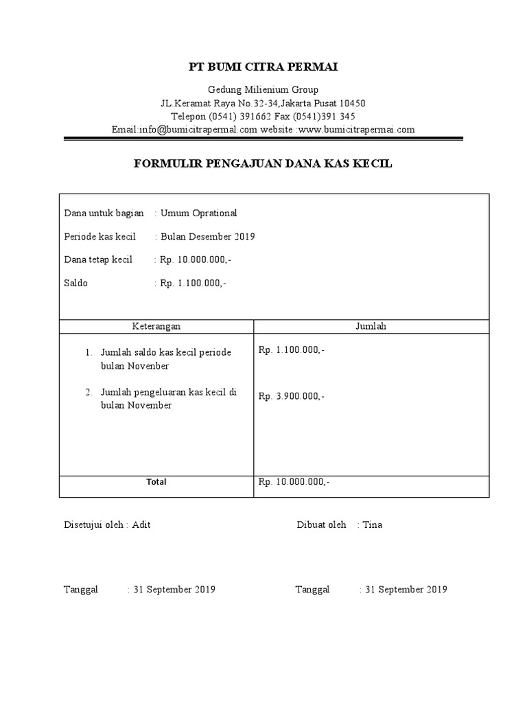 Keuangan Formulir Pengajuan Dana Kas Kecil | PDF