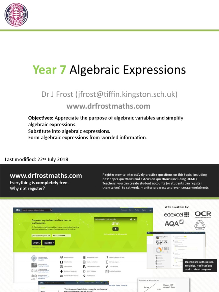 Yr7 AlgebraicExpressions | PDF | Variable (Mathematics) | Equations