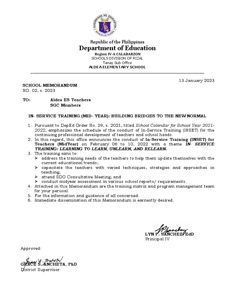 School Memo No 2 S 2023 INSET Aldea ES | PDF | Learning | Behavior Modification