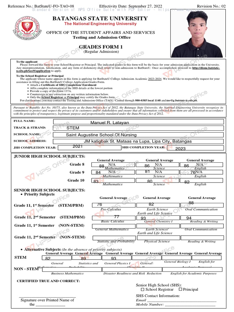 BSU Grades Form 1 for Admission 2025 | PDF | Mathematics | Science