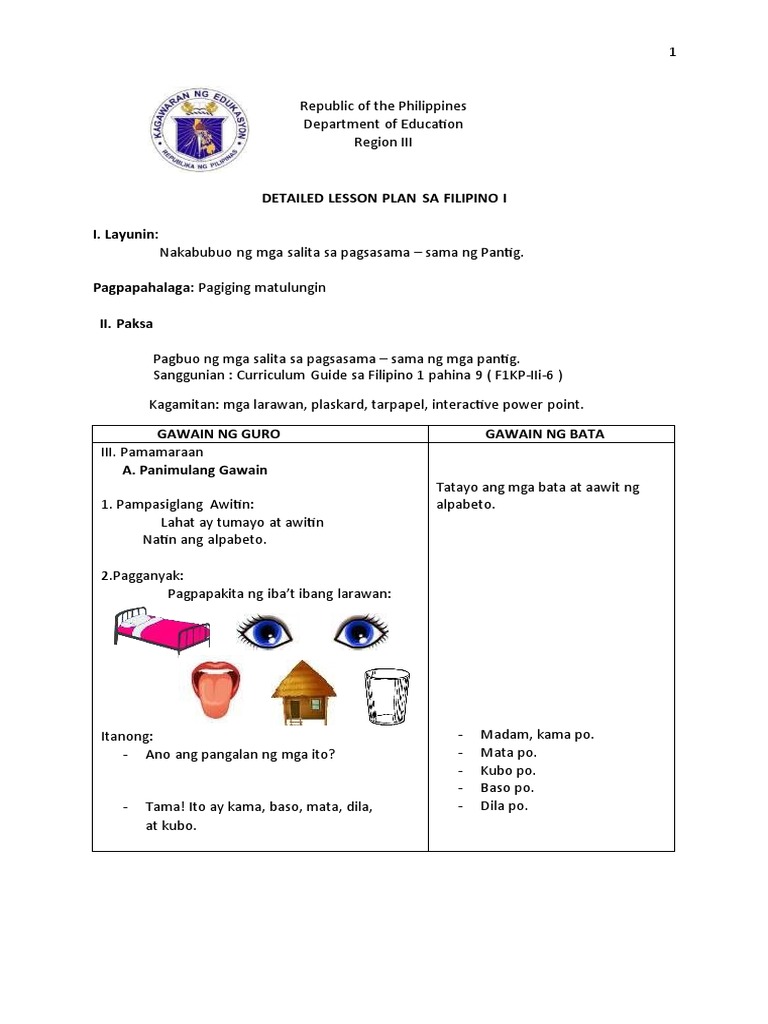 Detailed Lesson Plan Sa Filipino I I. Layunin: Pagpapahalaga: Pagiging ...