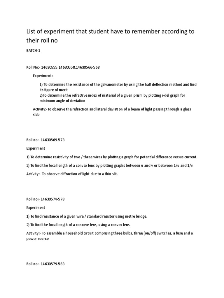 List of Physics Experiments and Activities by Roll Number | PDF ...