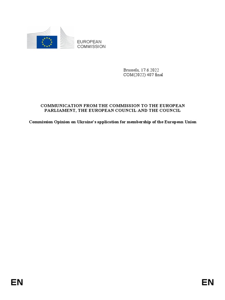Commission Opinion on Ukraine's Application for Membership in the European Union: Assessing ...