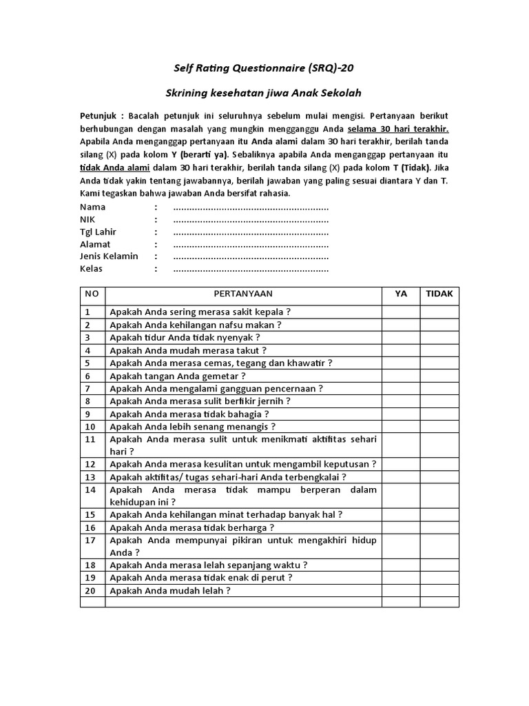 Self Rating Questionnaire (SQR - 20) | PDF