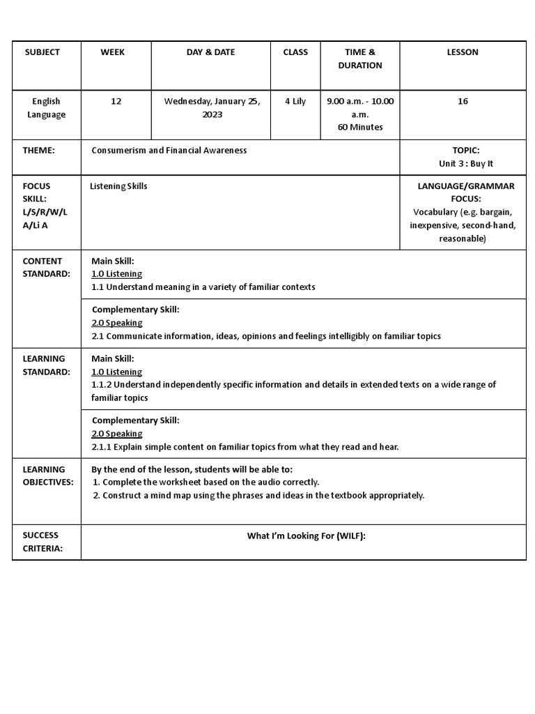 Lesson Plan Listening 1 | PDF | Teachers | Learning