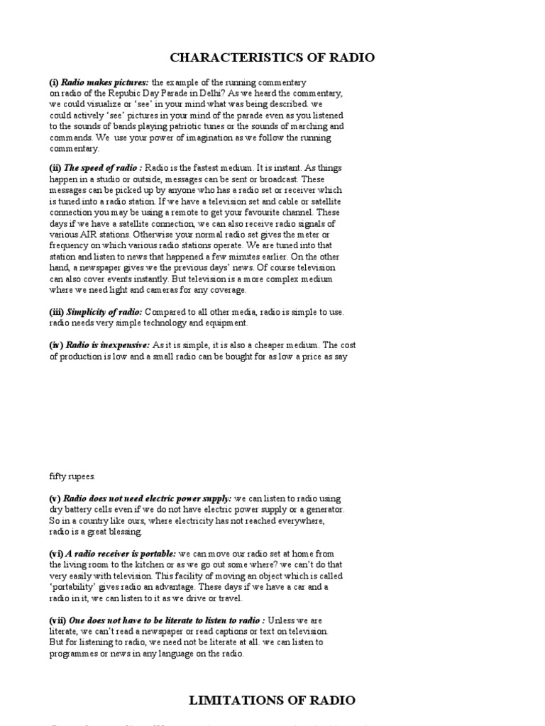CHARACTERISTICS OF RADIO Topic 2or 3 | PDF | Radio | Radio Broadcasting