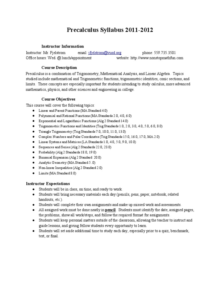 Precalculus Syllabus | PDF | Precalculus | Trigonometry