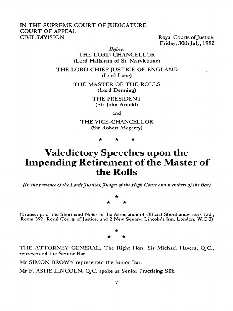 Valedictory Tribute to Lord Denning | PDF | Judge | Judiciary Of ...