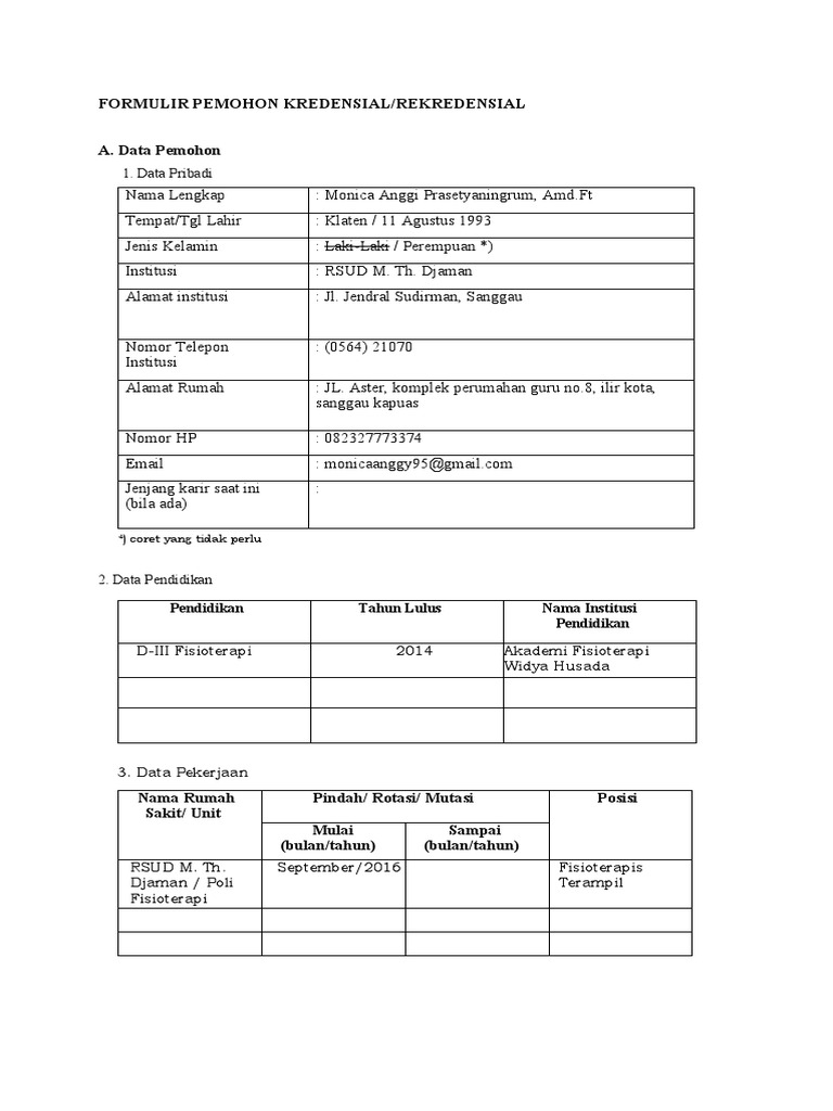 FORMULIR KREDENSIAL Fisioterapis. Monica | PDF