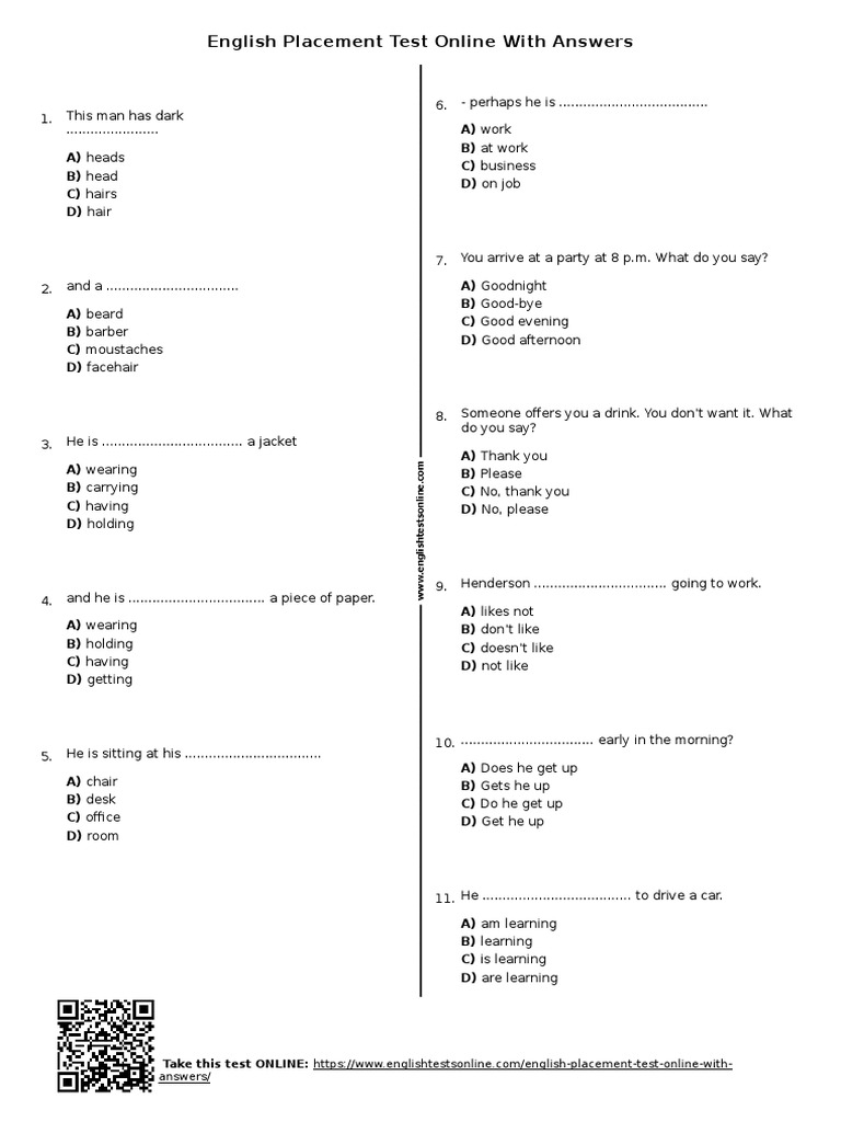 44 - English Placement Test Online With Answers | PDF