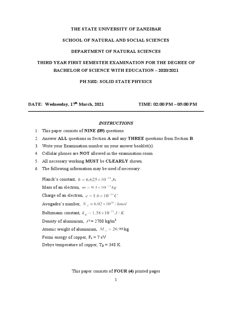 Exam PH 3102 SOLID STATE PHYSICS 2021 | Download Free PDF | Crystal Structure | Electrical ...