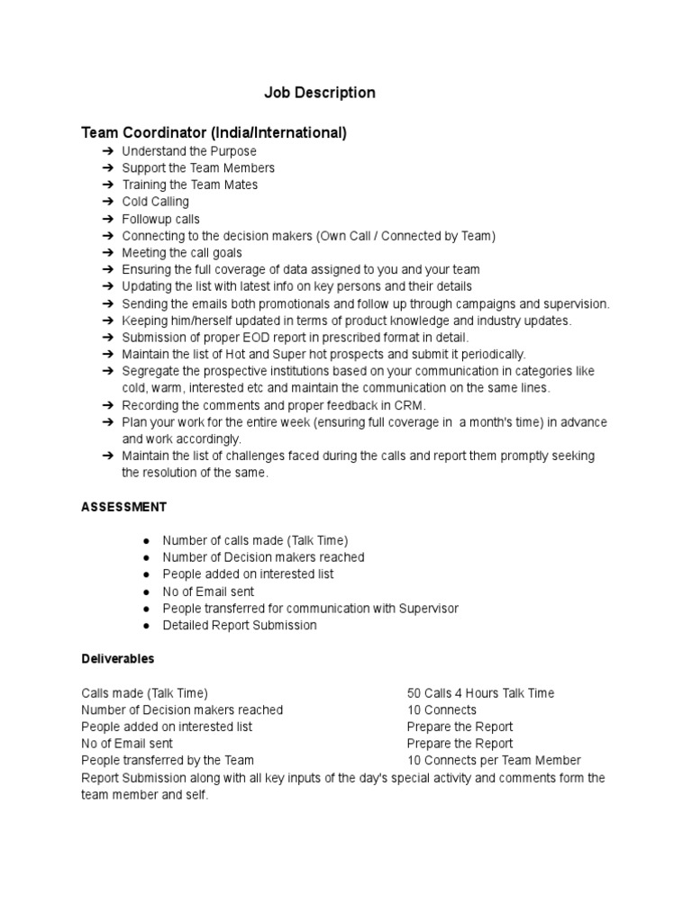 Job Description - Team - Coordinator | PDF