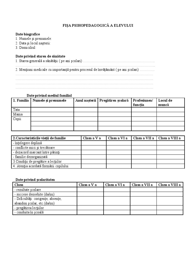 Fişa Psihopedagogică A Elevului | PDF