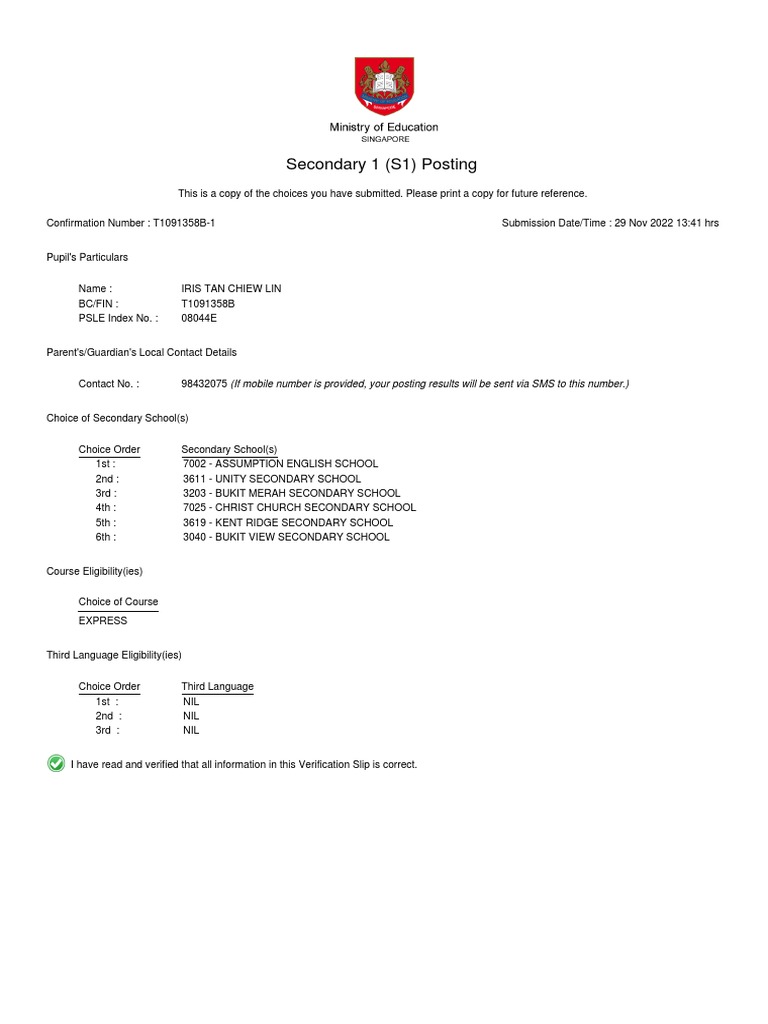 Iris - PSLE S1 Submission Verification Slip | PDF