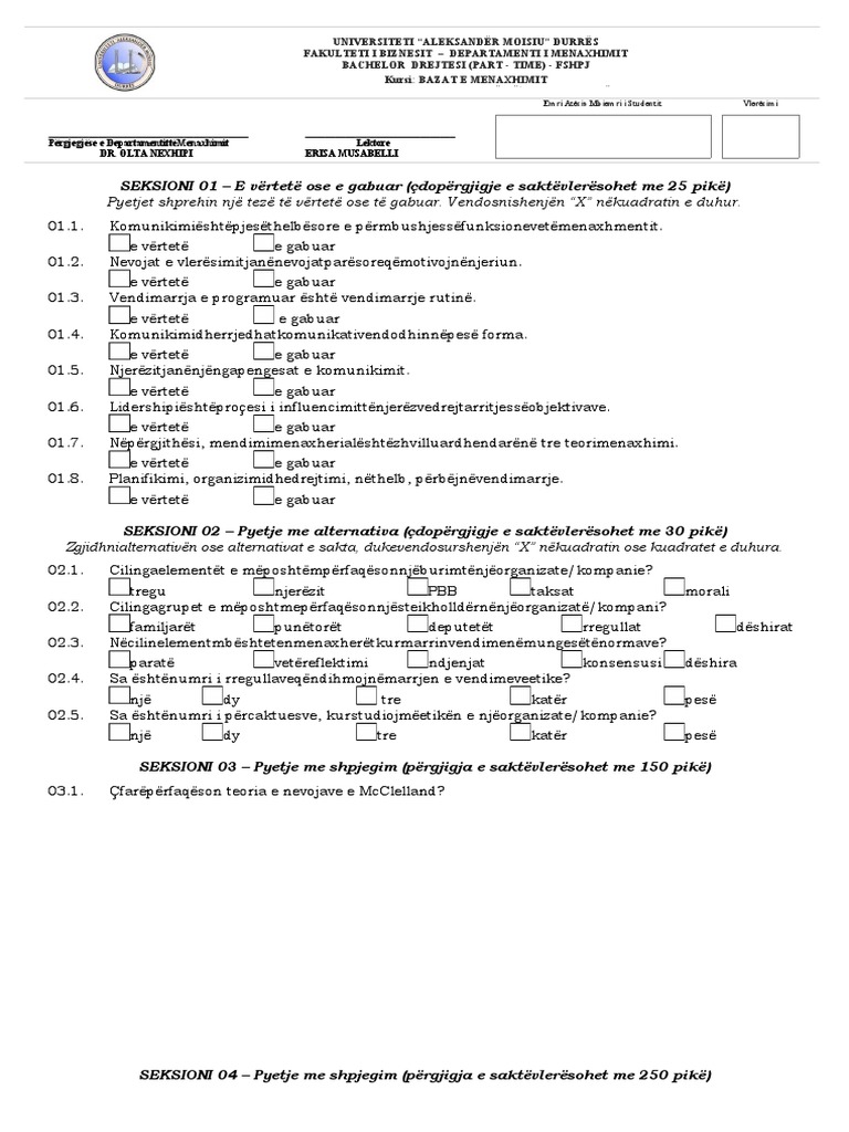 BAZAT E MENAXHIMIT - Provimi Lendor - Seksioni 1 Teza A (1038) | PDF