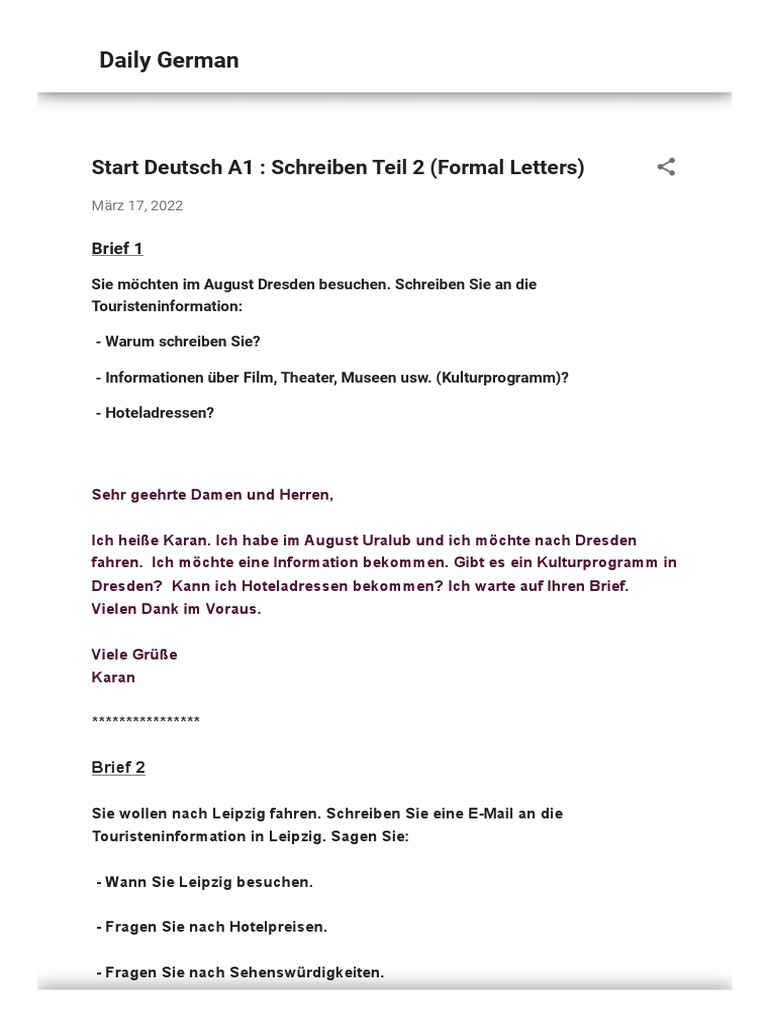 Start Deutsch A1 - Schreiben Teil 2 (Formal Letters) | PDF