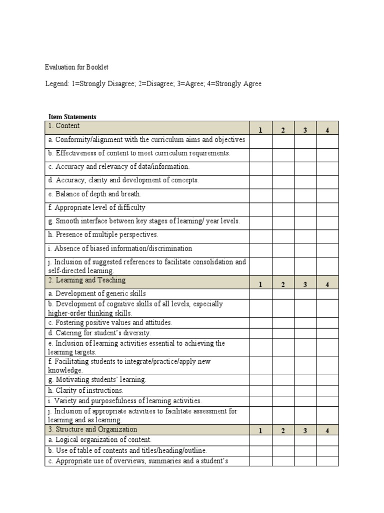 Booklet Evaluation Form | PDF | Learning | Curriculum