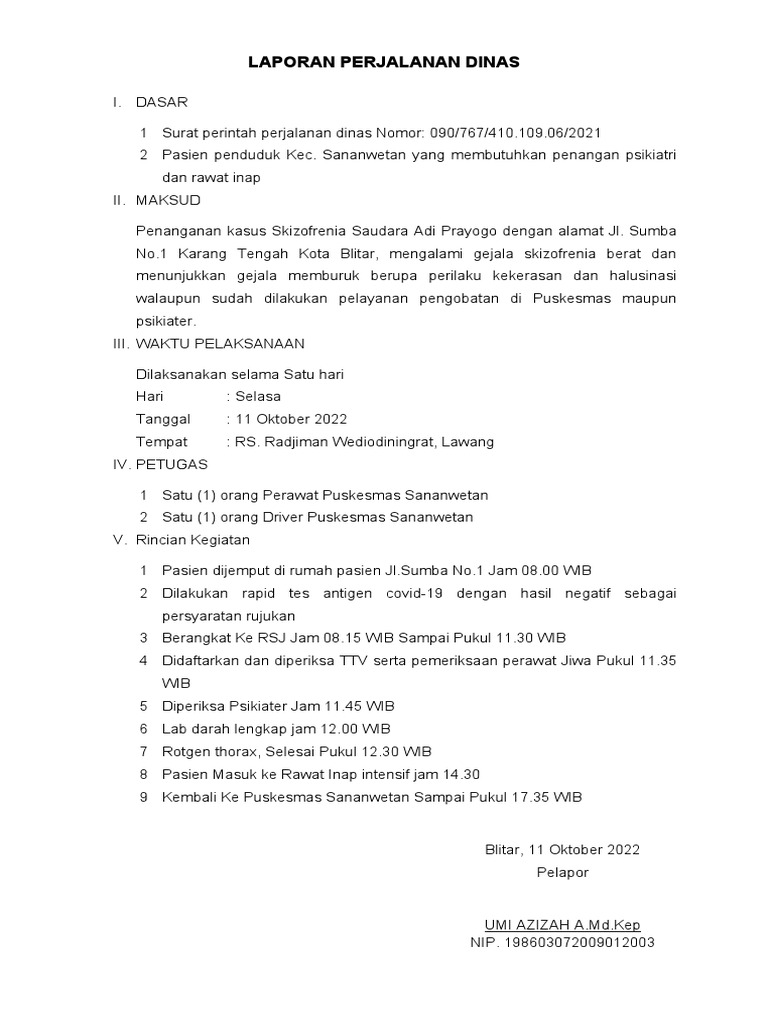 Laporan Perjalanan Dinas Rujuk RSJ Lawang 2021 | PDF