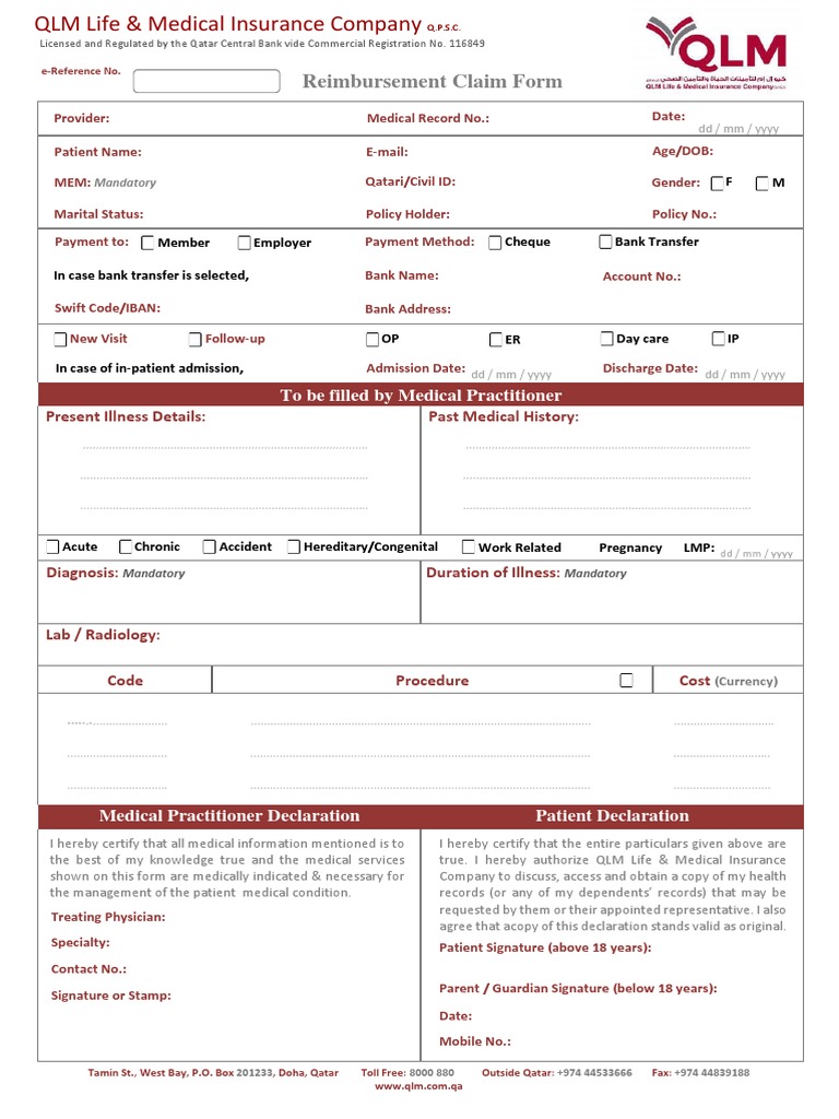 Reimbursement Claim Form and Privacy Notice for QLM Life & Medical Insurance Company | PDF ...
