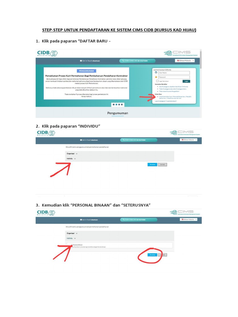 Step Pendaftaran Ke Sistem Cims Cidb (Kursus Kad Hijau) - 1 | PDF