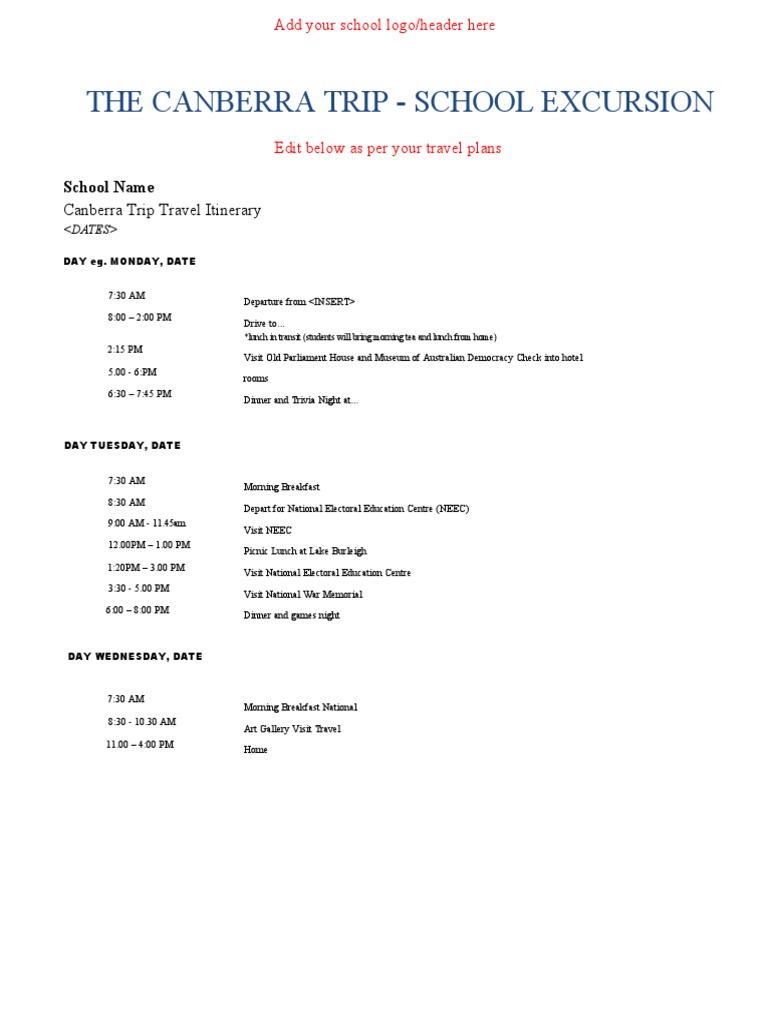 Template School Travel Itinerary | PDF