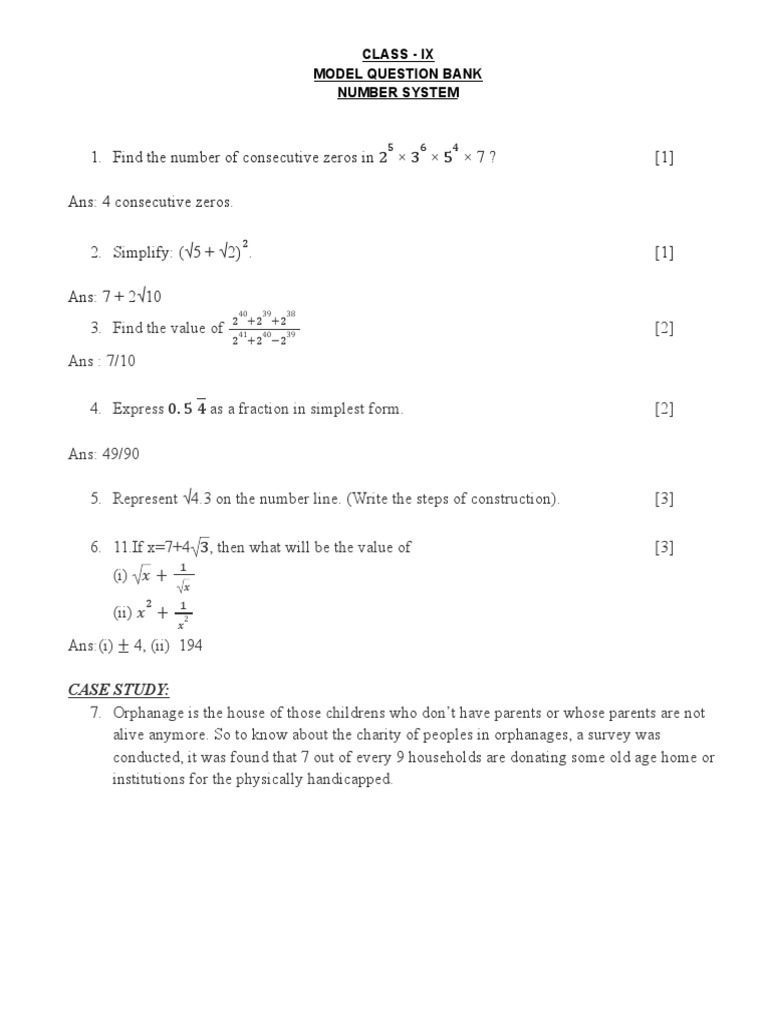 Class 9 Number System Model Questions | PDF | Numbers | Decimal