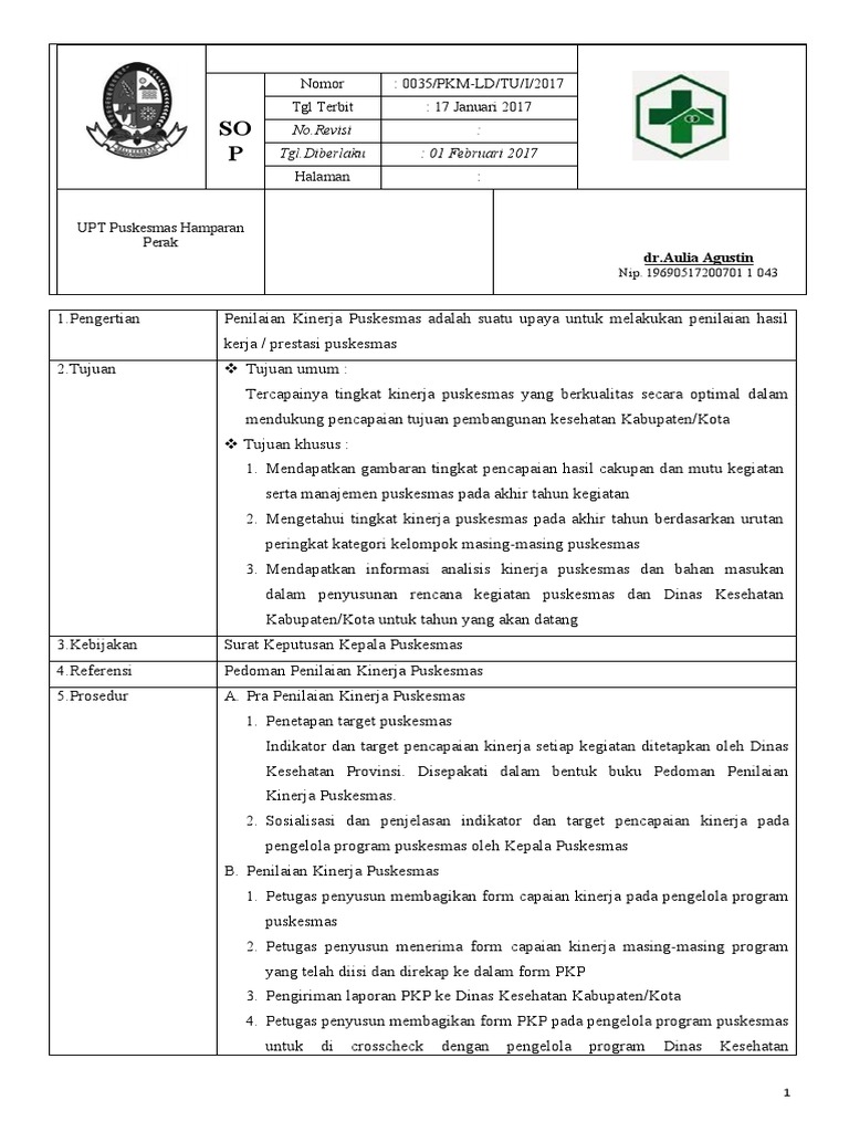 SOP Penilaian Kinerja Puskesmas HP | PDF