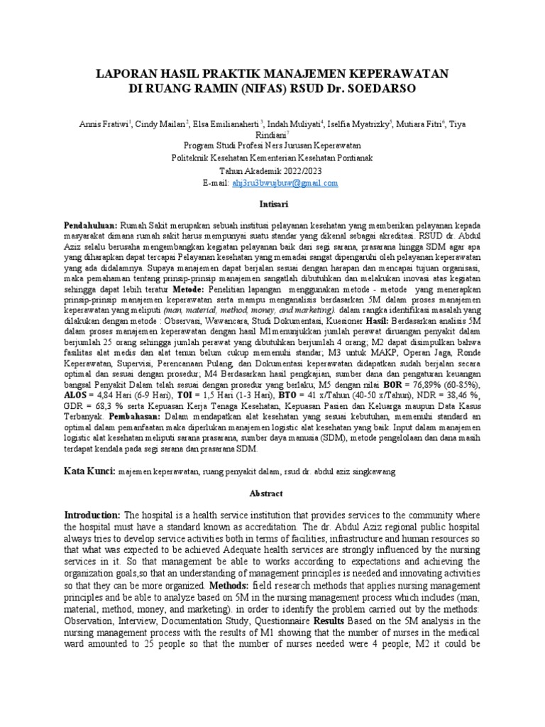 MANUSKRIP LAPORAN HASIL PRAKTIK MANAJEMEN KEPERAWATAN DI RUANG RAMIN (NIFAS) RSUD Dr. SOEDARSO | PDF