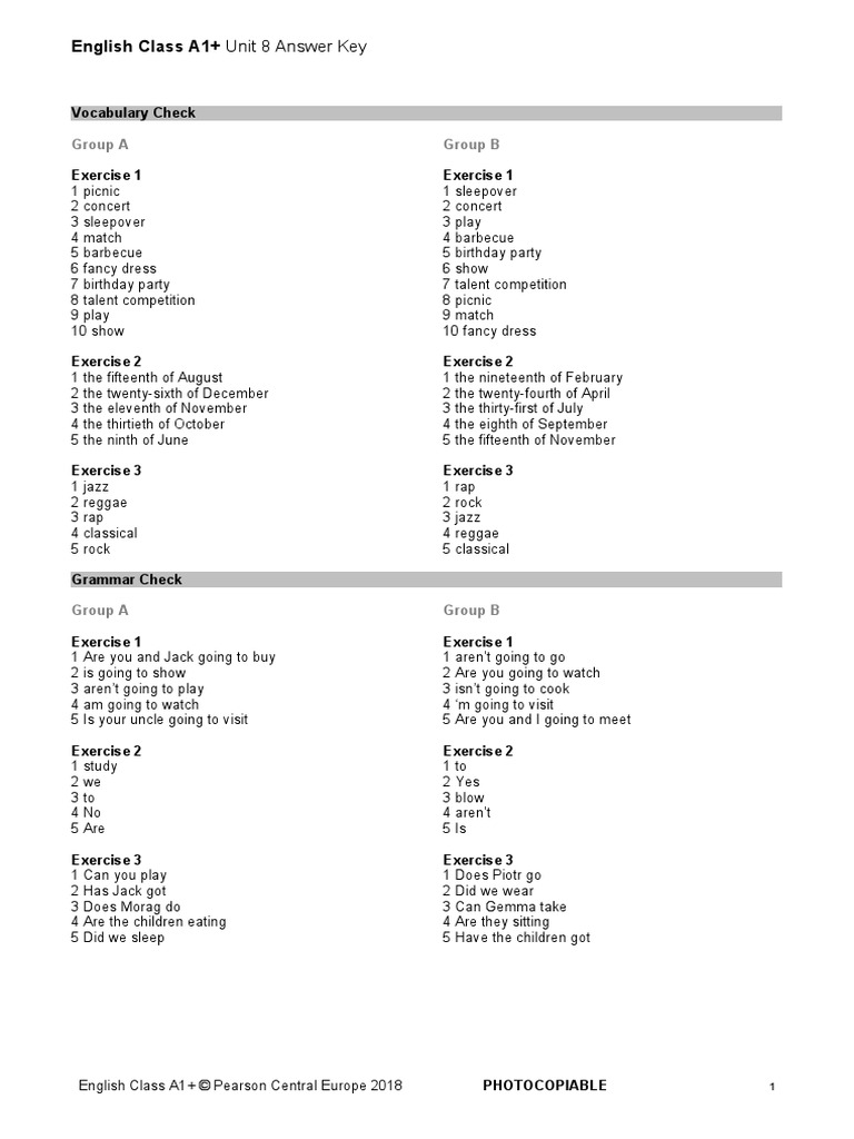 EC - A1P - Answer Key Unit 8 | PDF