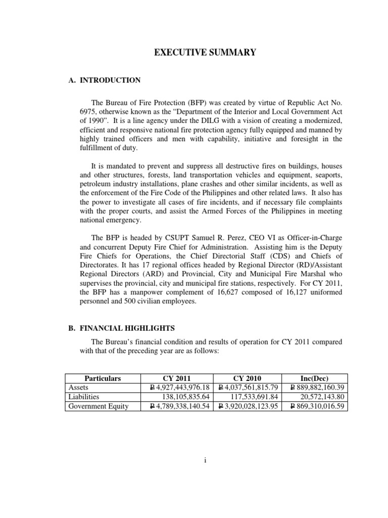 Bureau of Fire Protection Executive Summary 2011 | PDF | Economies | Financial Economics