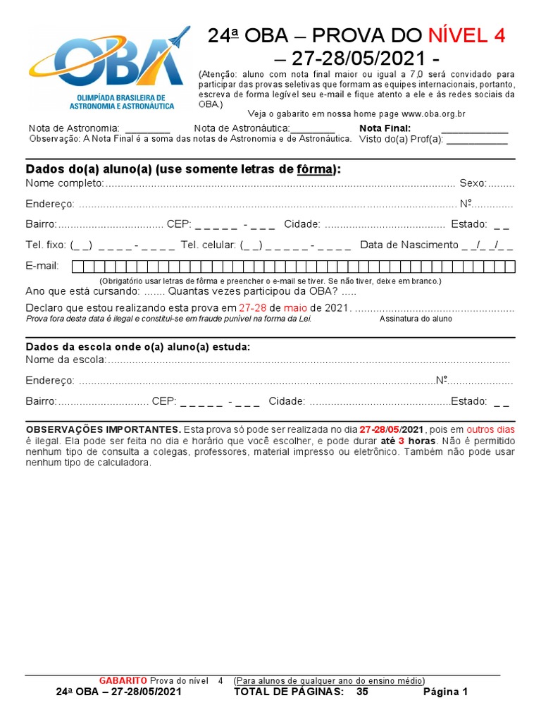 Prova Do Nivel 4 Da 24 OBA de 2021 | PDF | Estrelas | Programa Voyager