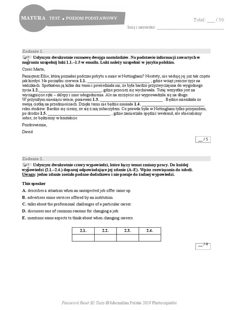 Password Reset B2 Matura Test Poziom Podstawowy | PDF