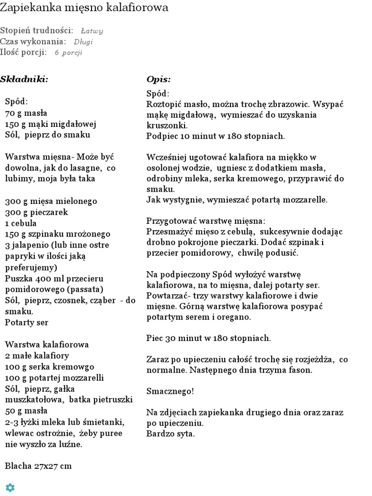 Zapiekanka Mięsno Kalafiorowa - Przepis - Ekkore | PDF