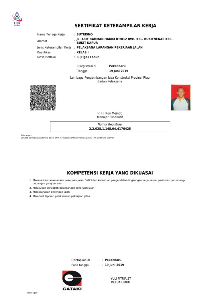 SKT - Pelaksana Lap Pek Jalan (Sutrisno) | PDF