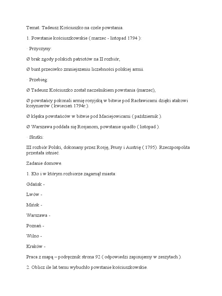 Historia 4 Tadeusz Kościuszko | PDF
