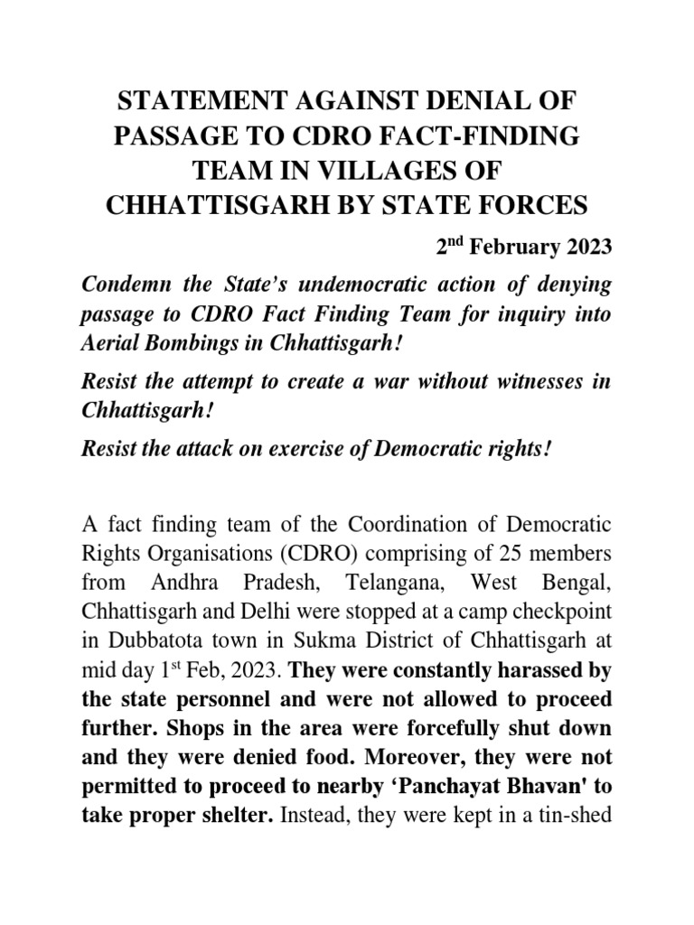 Statement On Denial of Passage To CDRO Team To Sukma and Bijapur Villages FINAL | PDF | Violence ...