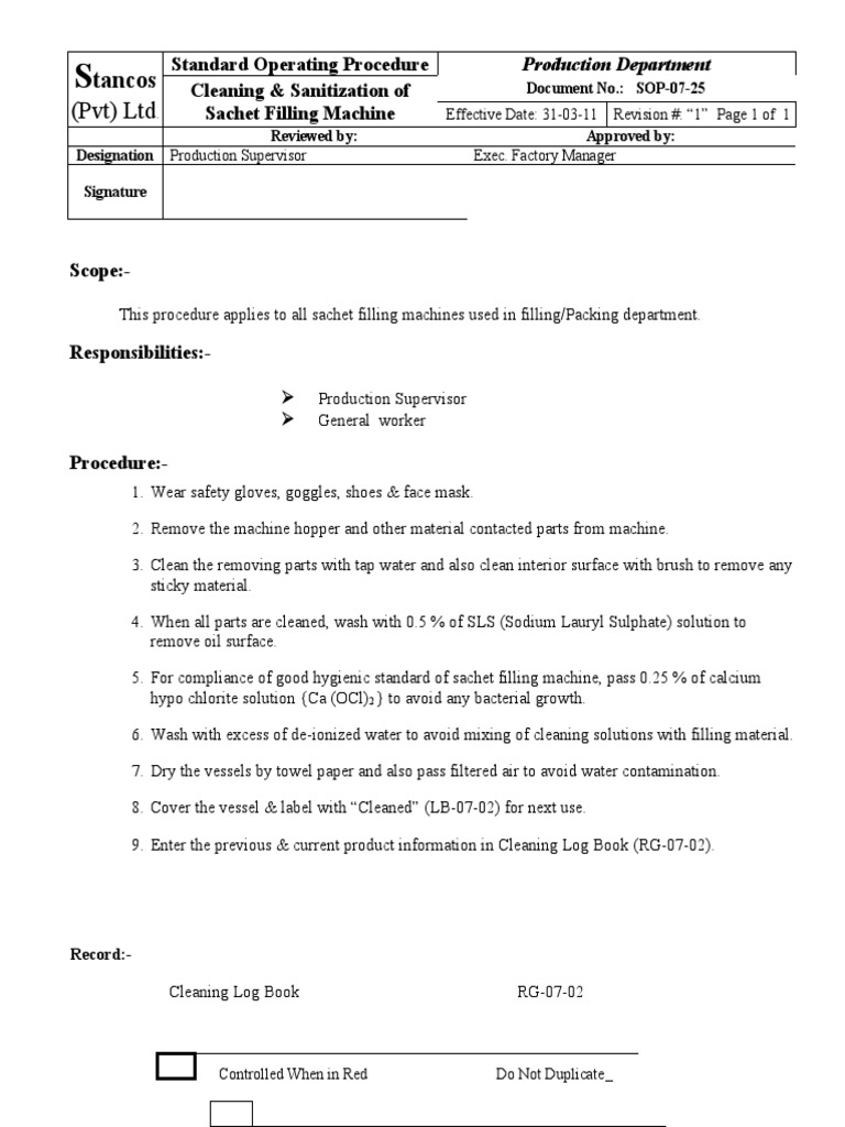 Standard Operating Procedure for Cleaning Sachet Filling Machines | PDF