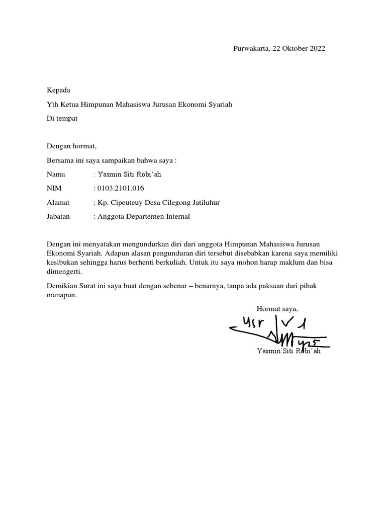 Contoh Surat Pengunduran Diri Organisasi | PDF