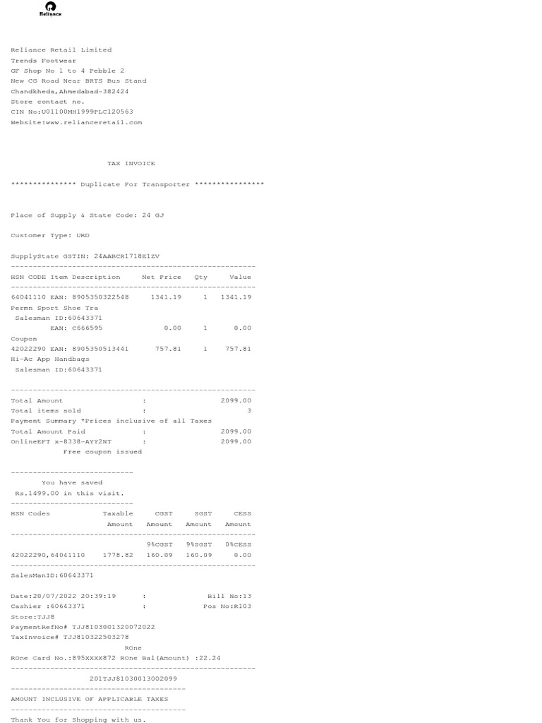 Reliance Retail Limited Store Tax Invoice | PDF | Master Card | Debit Card
