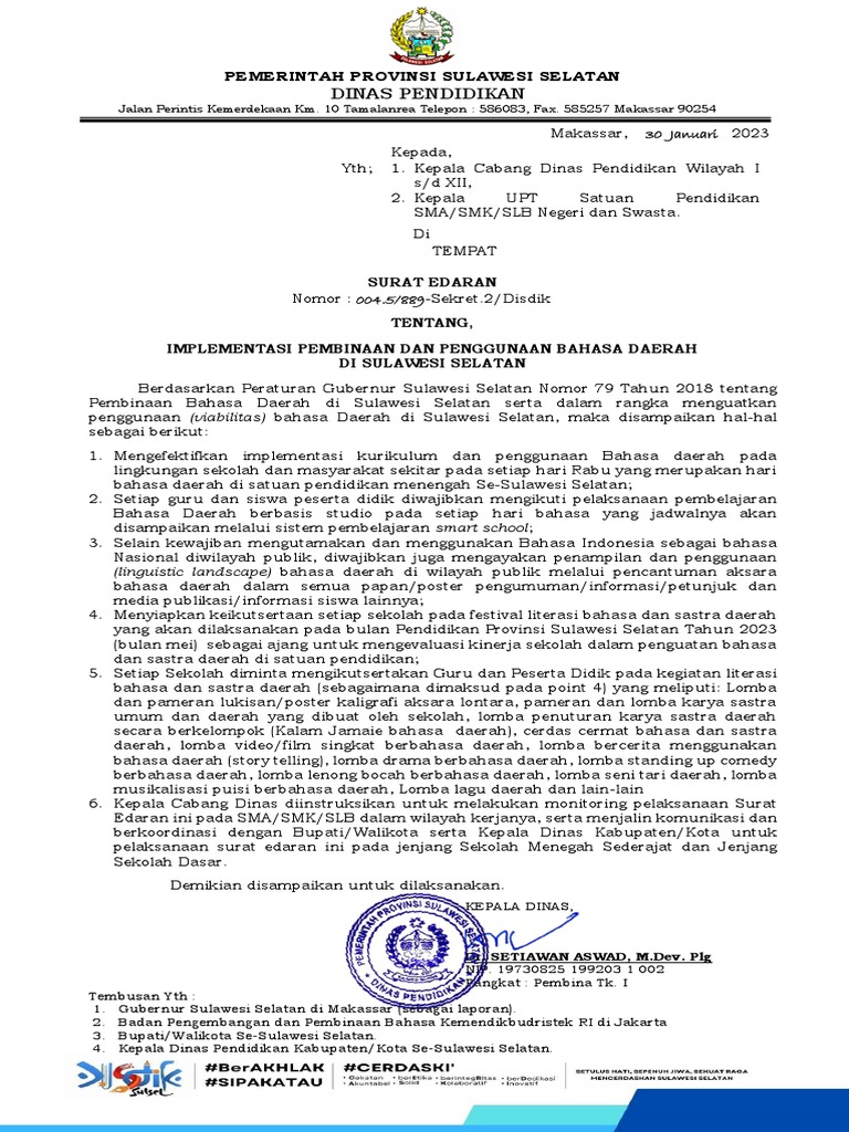 Fix Surat Edaran Implementasi Pembinaan Dan Penggunaan Bahasa Daerah | PDF