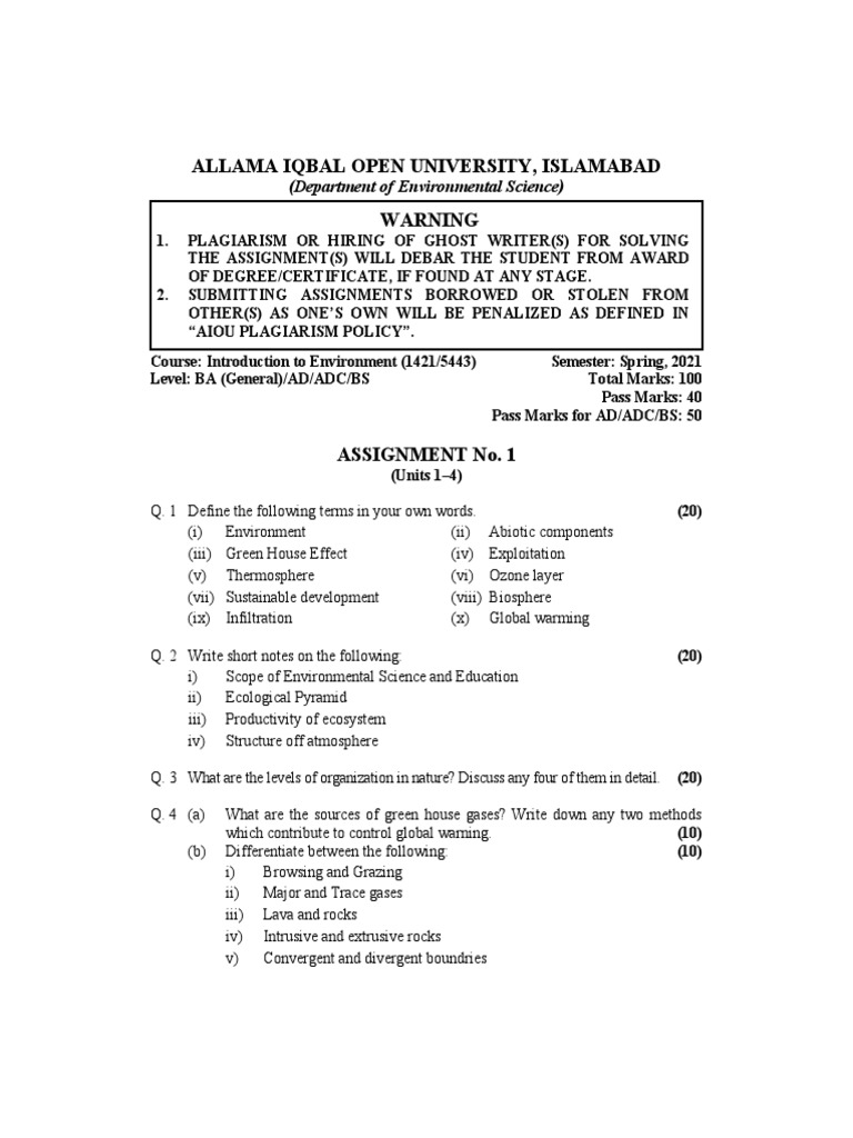 AIOU Environmental Science Assignment Guide | PDF | Natural Environment | Ecosystem