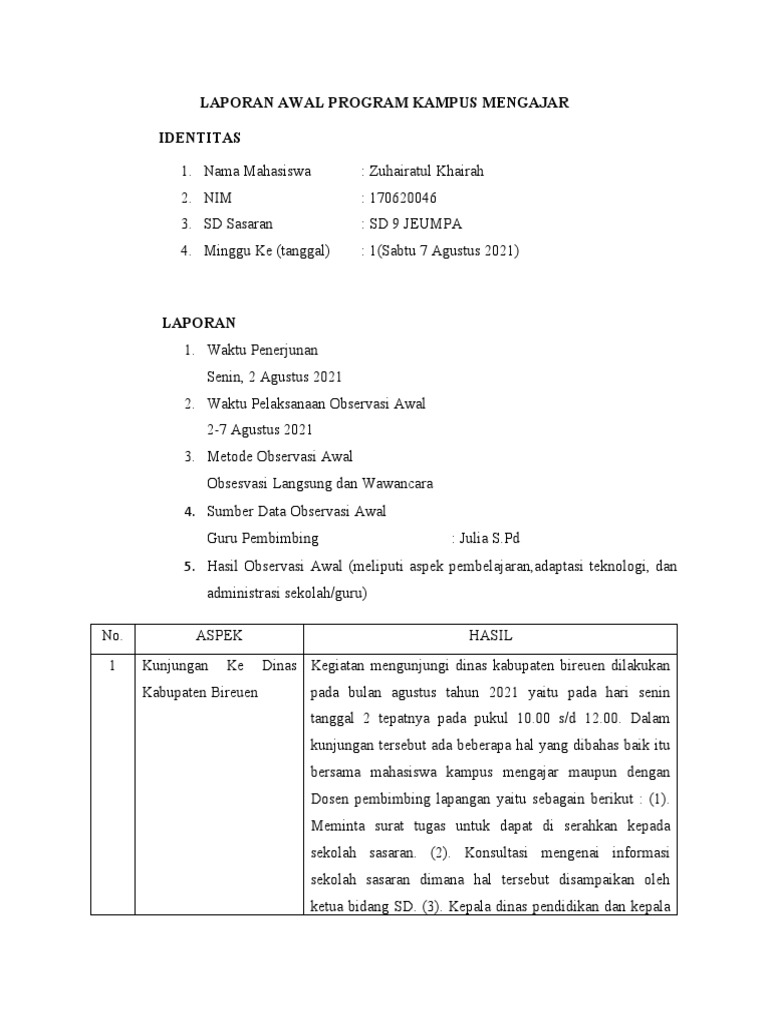 Laporan Awal Program Kampus Mengajar | PDF