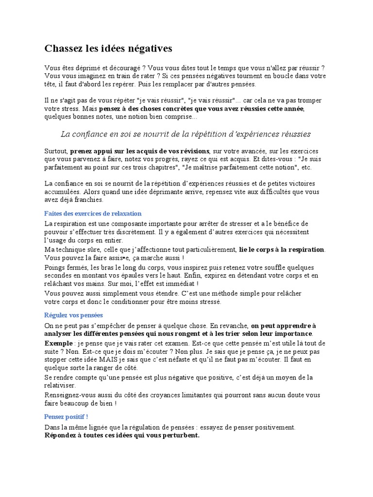 Exercice pour chasser les pensées négatives | PDF