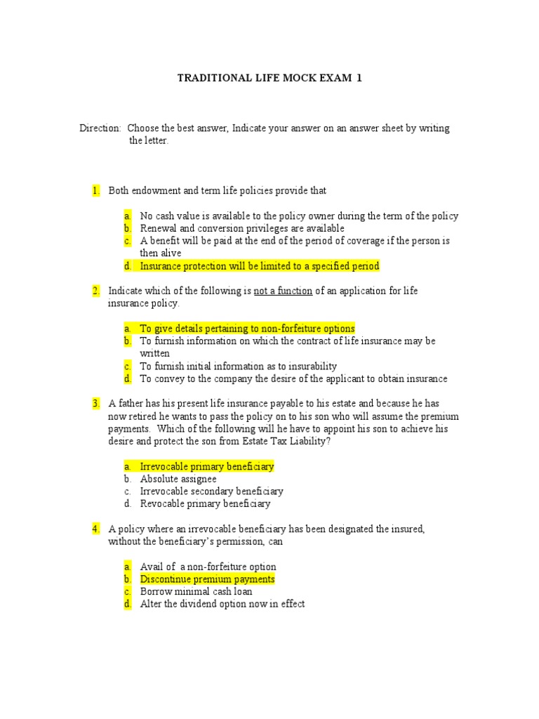 TRADITIONAL LIFE MOCK EXAM full exam | PDF | Insurance | Life Insurance